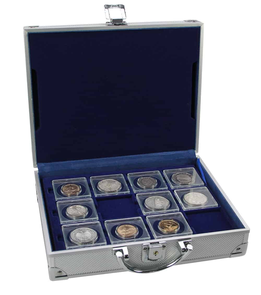 Silver Aluminium coin case with 6 Blue velvet trays for 72 square capsules